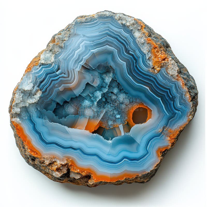 Blue and Orange Agate Mineral with Layered Patterns Isolated on a White ...