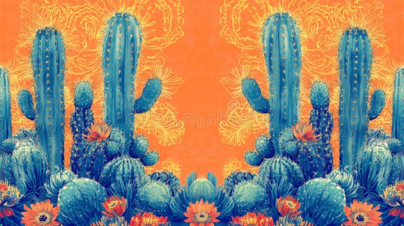 Blue and Orange Cactus Desert Floral Pattern Stock Illustration ...