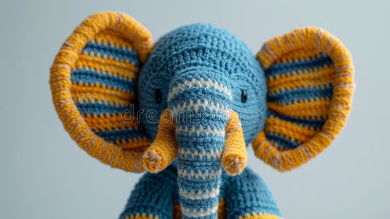 Blue and Orange Crocheted Elephant Toy with Striped Ears and Trunk ...