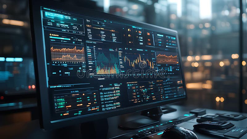 Blue and Orange Data Charts on a Computer Monitor at Night Stock ...