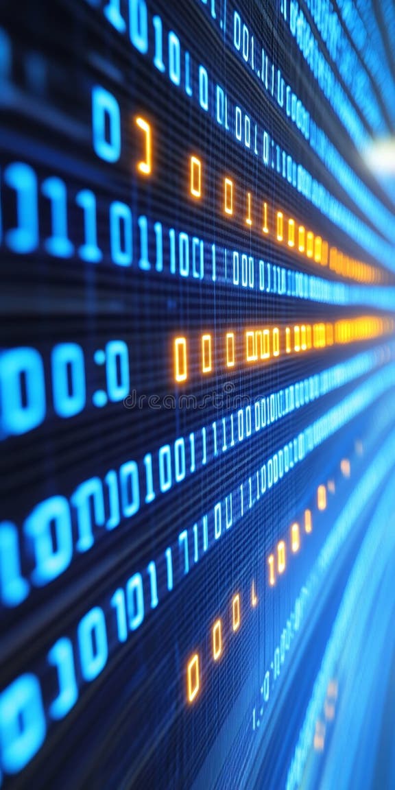 Blue, Orange Digital Data and Binary Numbers Scroll Across Computer Screen, Code Technology ...