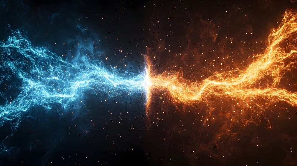Blue and Orange Energy Lightning Clash in Dark Space Stock Photo ...