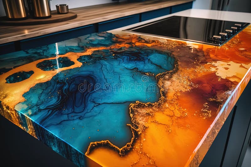 Blue and Orange Epoxy Resin Kitchen Countertops. Generative AI Stock ...