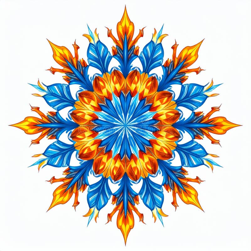 Blue and Orange Fire Snowflake Mandala Design Stock Illustration ...