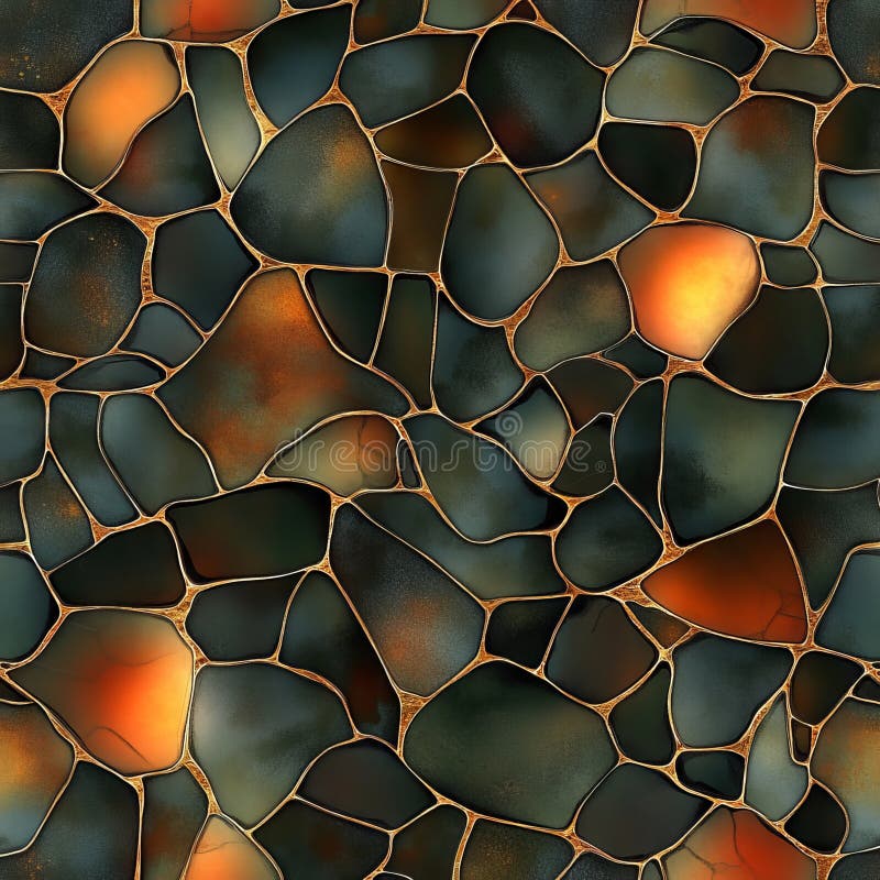 Blue, Orange, and Gold Shapes Flow Together in an Abstract Stained ...