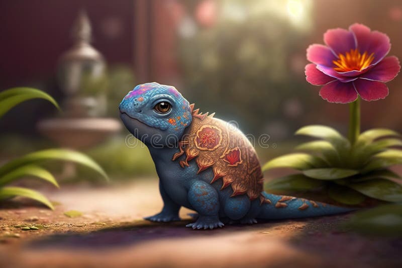 A Blue and Orange Lizard Sitting Next To a Pink Flower Stock ...