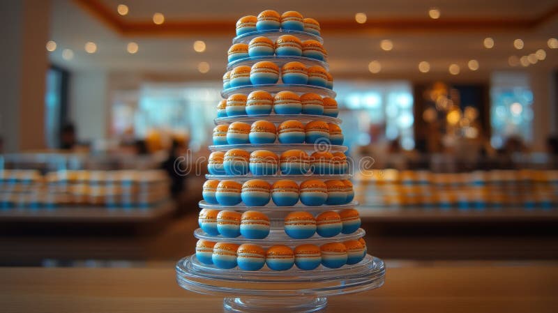 Blue and Orange Macaron Tower on a Glass Stand Stock Image - Image of ...