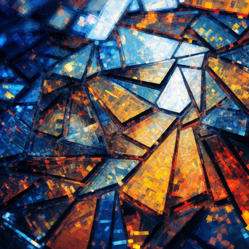 Abstract Background with Blue and Orange Mosaic Stained Glass. Computer ...