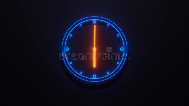 Blue and Orange Neon Clock Face with Spinning Minute and Hour Hands in ...