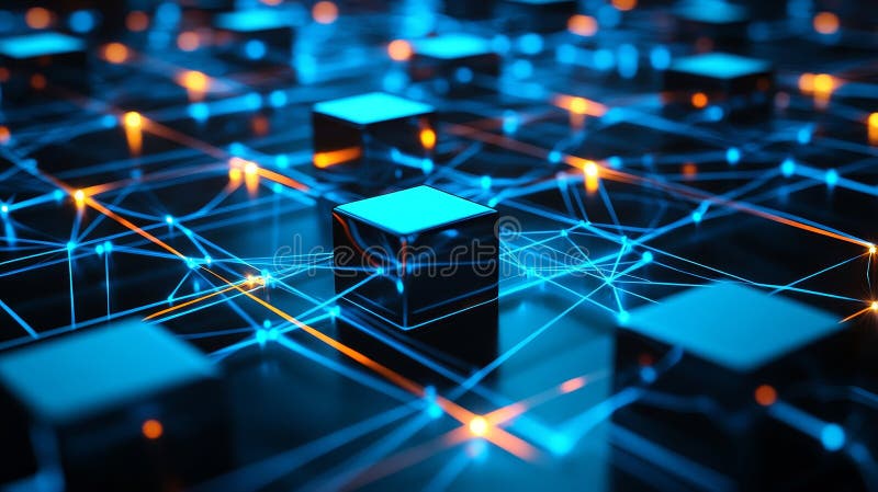 Blue and Orange Network of Cubes - Digital Connectivity in Abstract ...