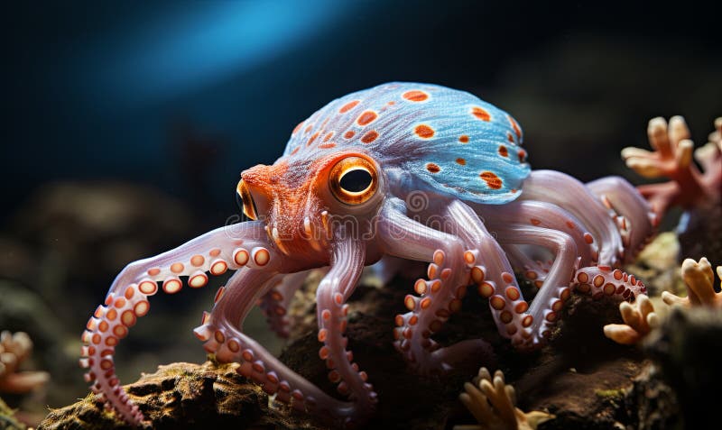 Blue and Orange Octopus Sitting on Coral Stock Photo - Image of ...
