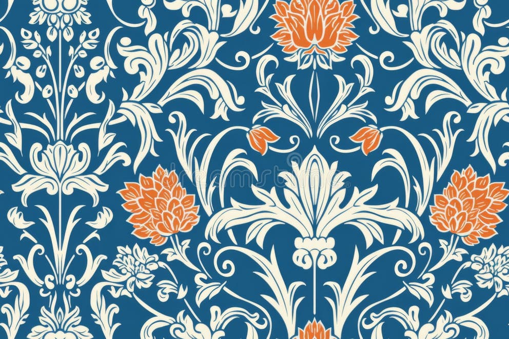 A Blue and Orange Pattern with White Floral Designs on it, Seamless ...