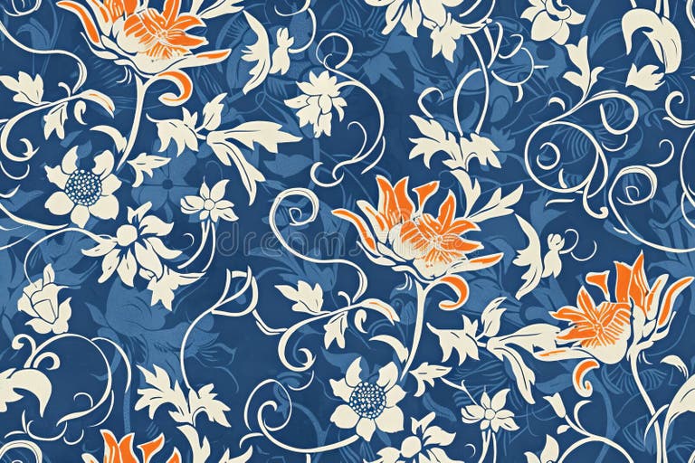 A Blue and Orange Pattern with White Floral Designs on it, Seamless ...