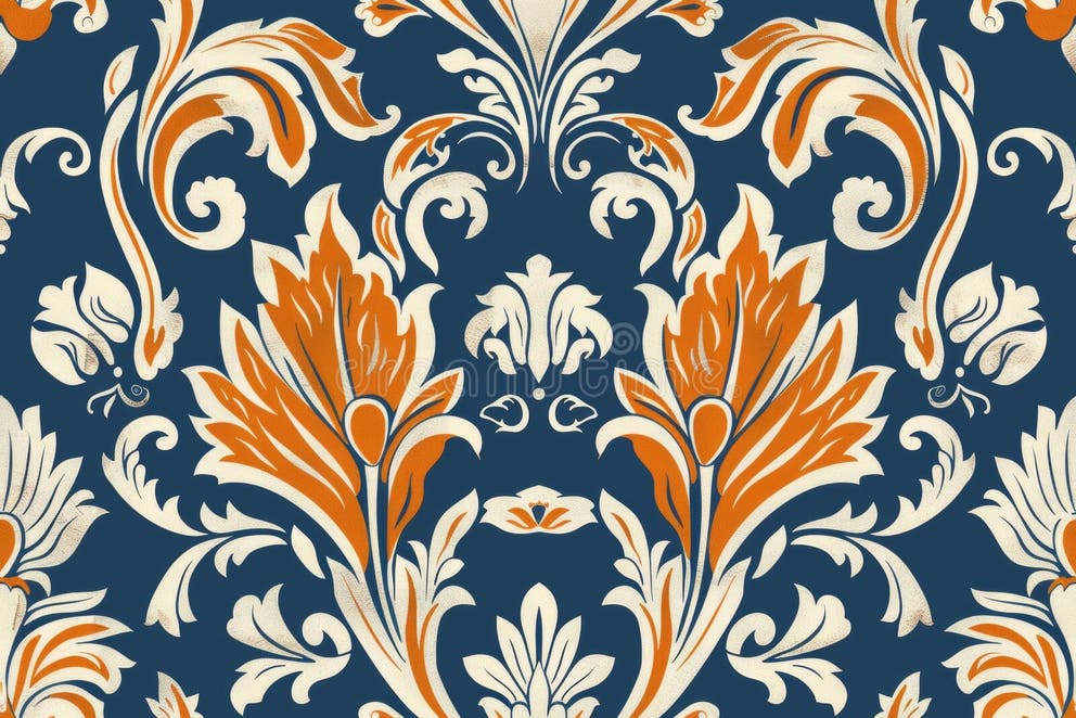 A Blue and Orange Pattern with White Floral Designs on it, Seamless ...