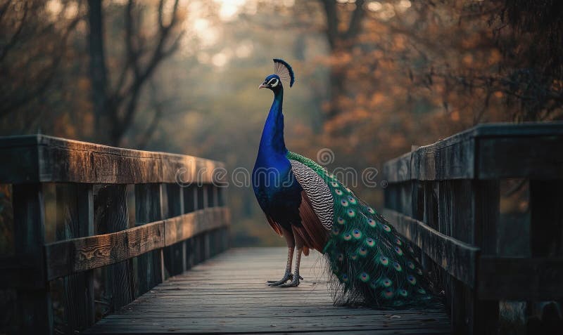 A Blue and Orange Peacock is Standing on a Wooden Bridge Stock Image ...