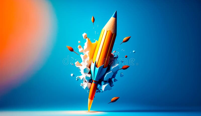 Blue and Orange Pencil Flying through the Air with Splash of Paint on ...