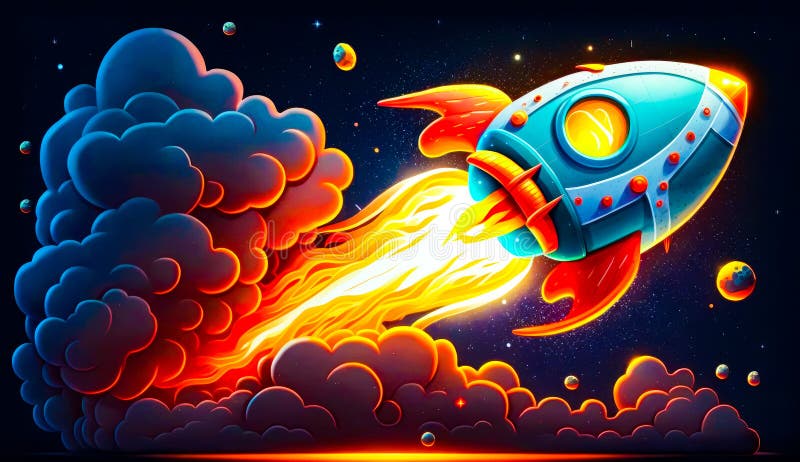 Blue and Orange Rocket Ship Flying through the Air with Bubbles Around ...