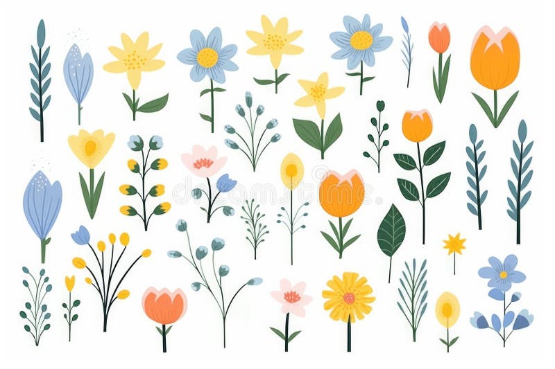 Blue and Orange Set of Flowers in Scandinavian Style. Spring Motive ...