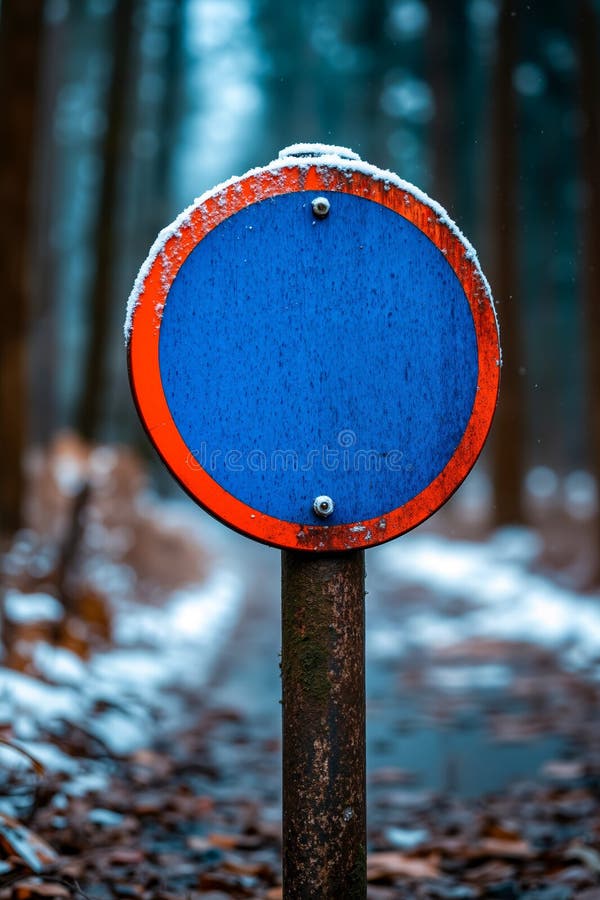 A Blue and Orange Sign in the Middle of a Snowy Forest Stock Image ...