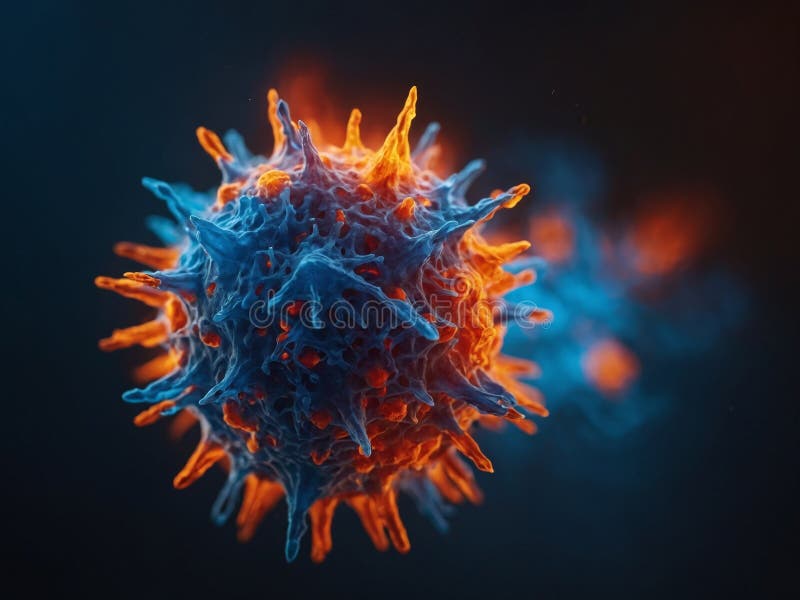 A Blue and Orange Virus Cell with a Red Flame Inside. Stock ...