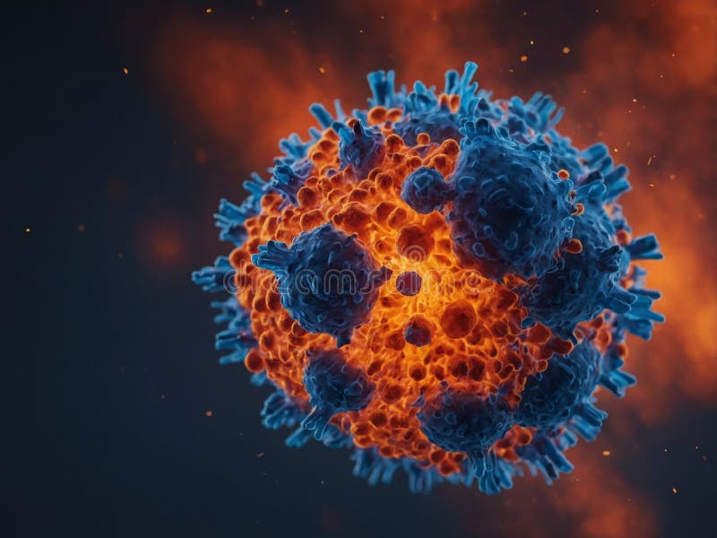 A Blue and Orange Virus Cell with a Red Flame Inside. Stock ...