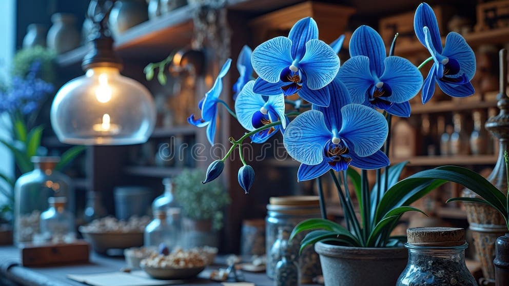 Blue Orchids in Rustic Setting with Warm Lighting and Vintage Decor ...