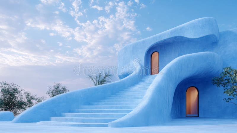 Blue Organic Modern Building with Curved Stairs Stock Illustration ...