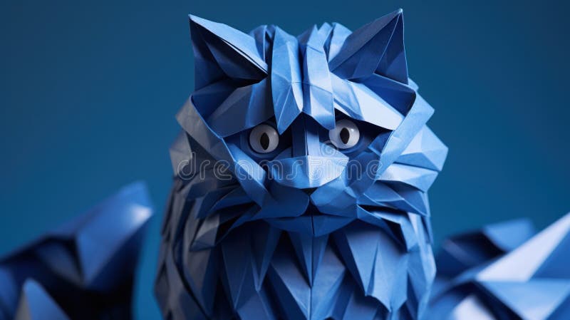 Blue Origami Cat Statue on a Blue Background, AI Stock Illustration ...