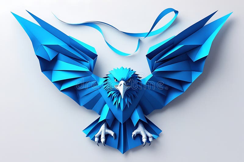 Blue Origami Eagle Illustration with Spread Wings and Ribbon on a White ...