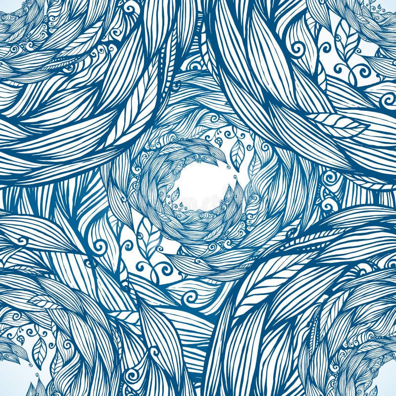 Blue Ornate Doodle Foliage Circle Seamless Pattern Stock Illustration ...