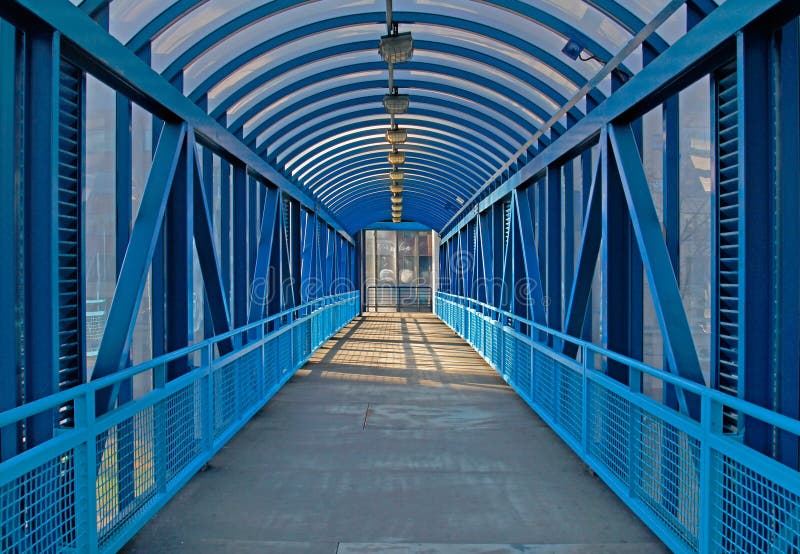 Blue Overhead Pedestrian Bridge Stock Image - Image of bright, asphalt ...