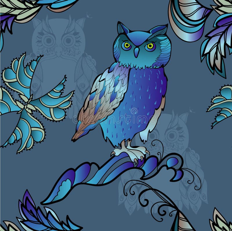 Blue owl stock vector. Illustration of bright, floral - 64262246