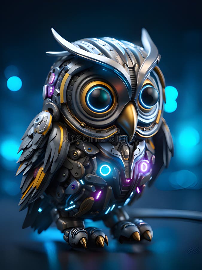 Blue Owl Robot on a Black Background Stock Illustration - Illustration ...