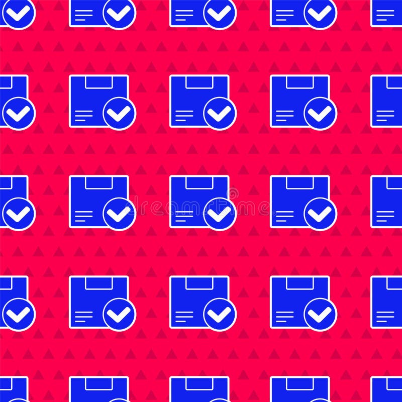 Blue Package Box with Check Mark Icon Isolated Seamless Pattern on Red ...