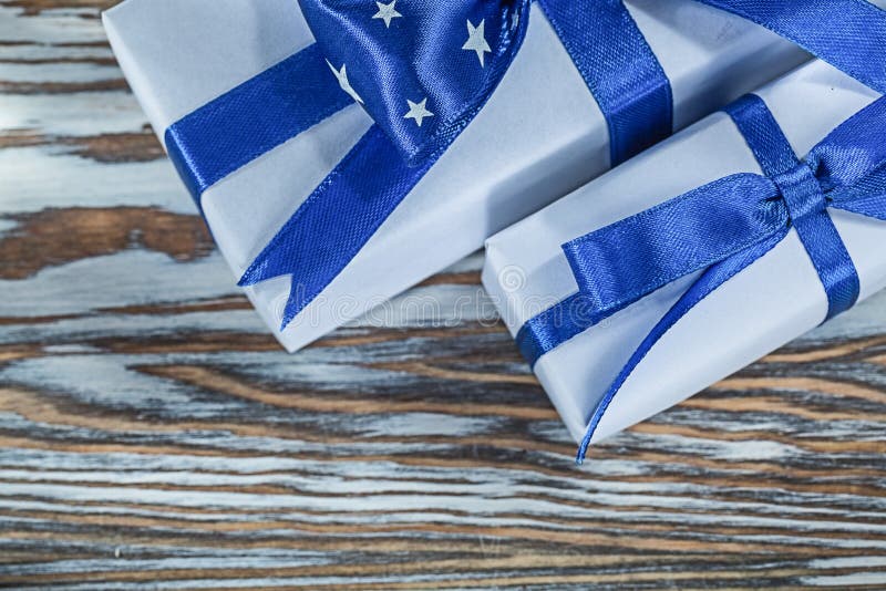 Blue Packed Present Box on Wooden Board Stock Image - Image of blue ...