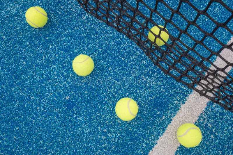 Blue Paddle Tennis Court, Five Balls at the Foot of the Net Stock Photo ...