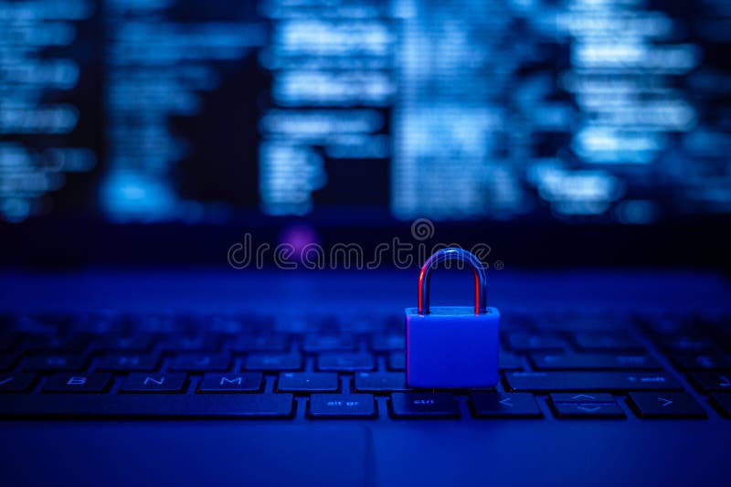 Blue Padlock on Laptop Keyboard with Code Displayed on Screen Stock ...