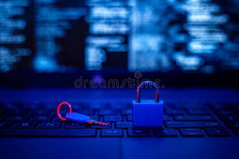 Blue Padlock and Red Key on Laptop Keyboard Stock Image - Image of ...