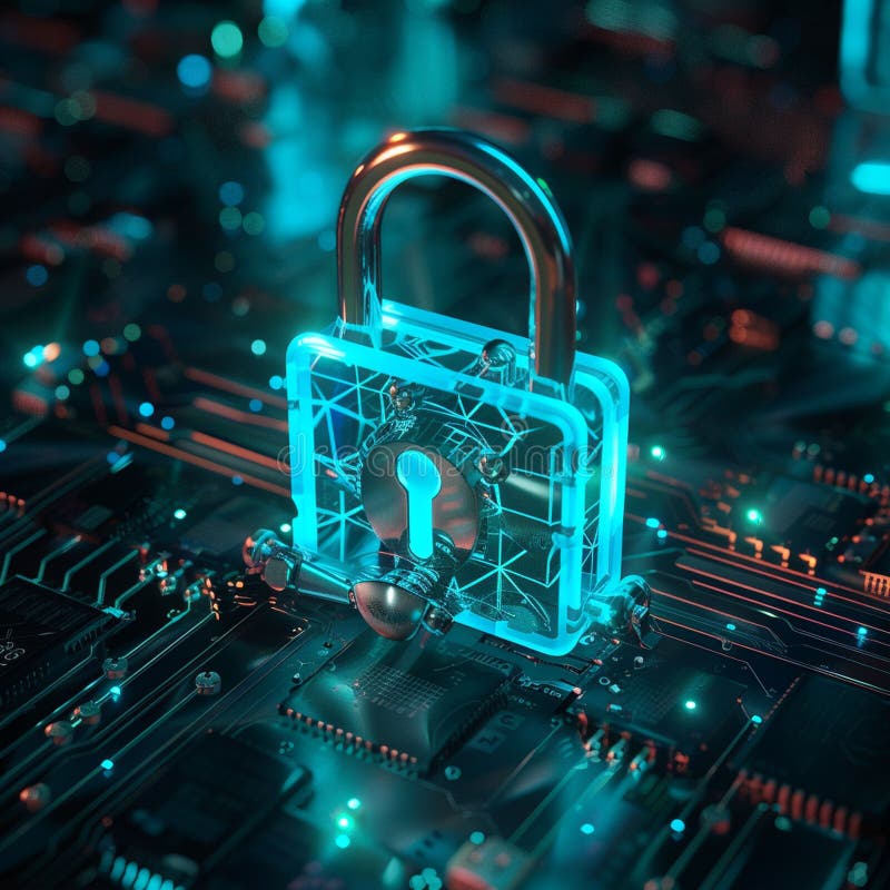 Blue Padlock Secured on a Circuit Board with Glowing Lights Stock ...