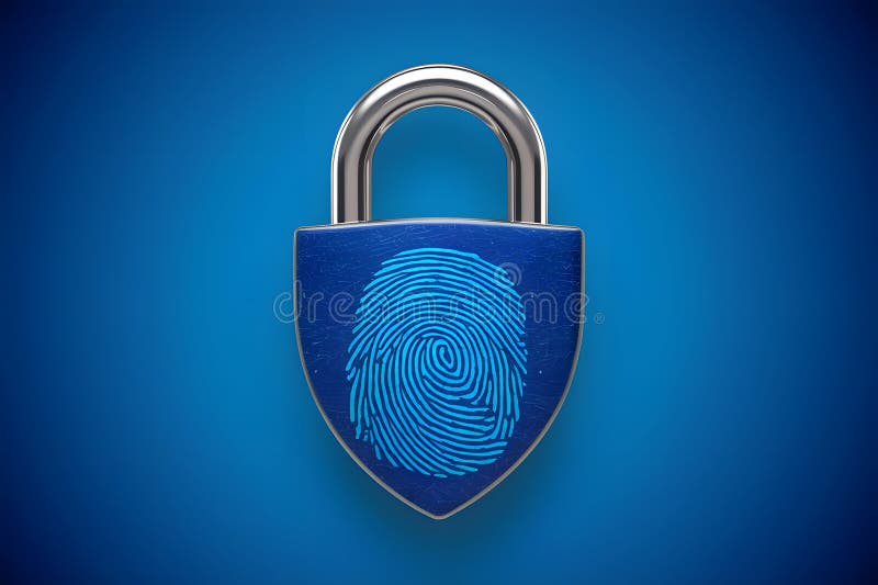 Blue Padlock with Shield Design and Fingerprint Pattern on Vibrant Blue ...