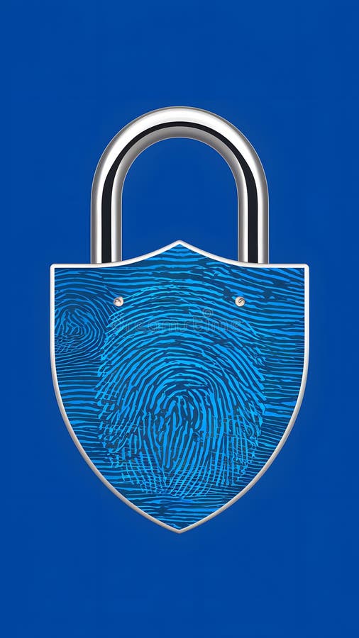 Blue Padlock with Shield Design and Fingerprint Pattern on Vibrant Blue ...