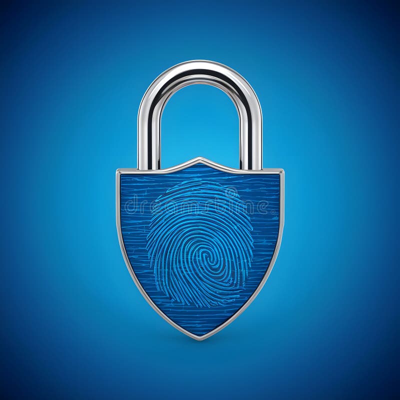 Blue Padlock with Shield Design and Fingerprint Pattern on Vibrant Blue ...