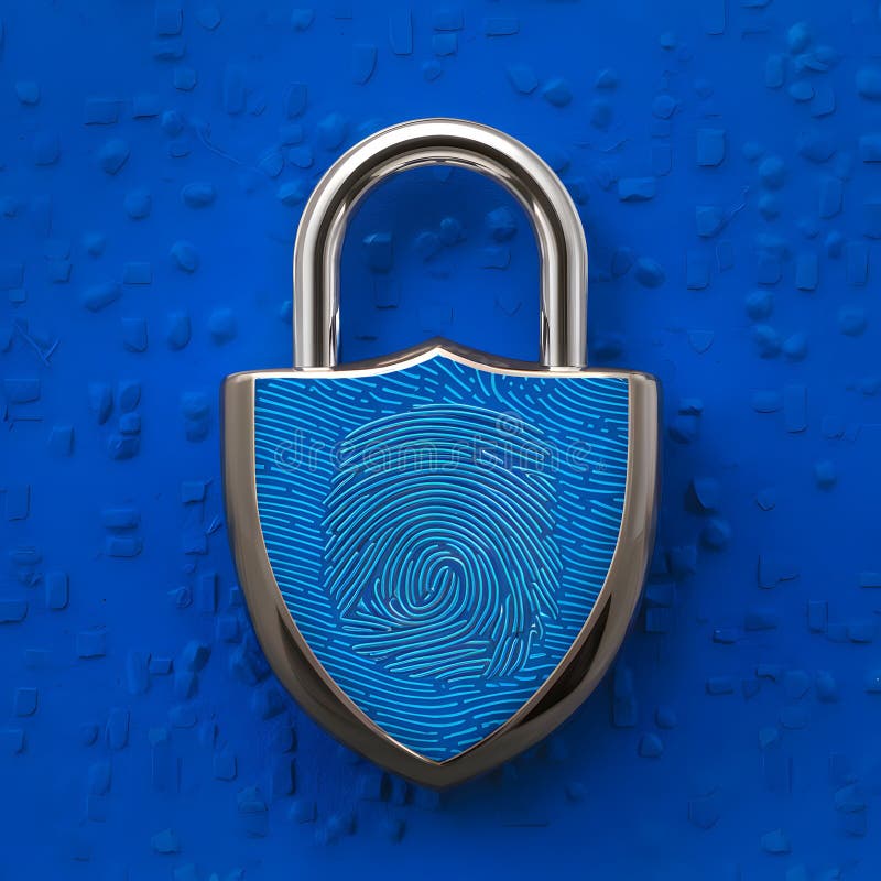Blue Padlock with Shield Design and Fingerprint Pattern on Vibrant Blue ...