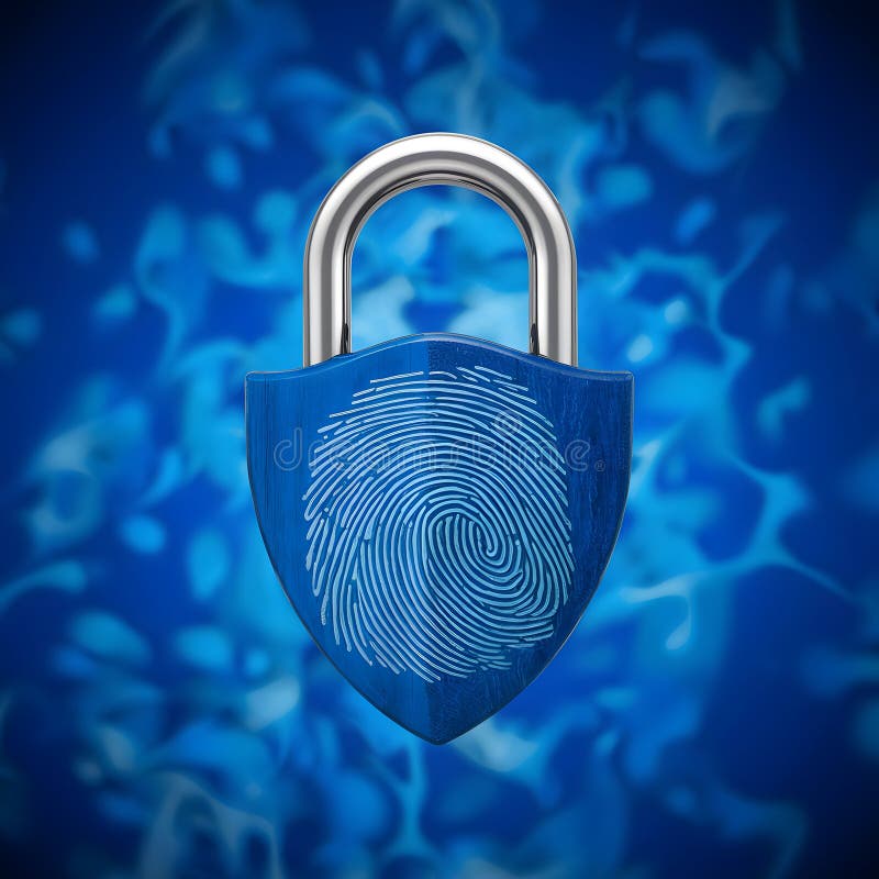 Blue Padlock with Shield Design and Fingerprint Pattern on Vibrant Blue ...