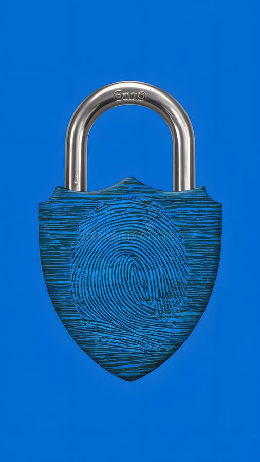 Blue Padlock with Shield Design and Fingerprint Pattern on Vibrant Blue ...