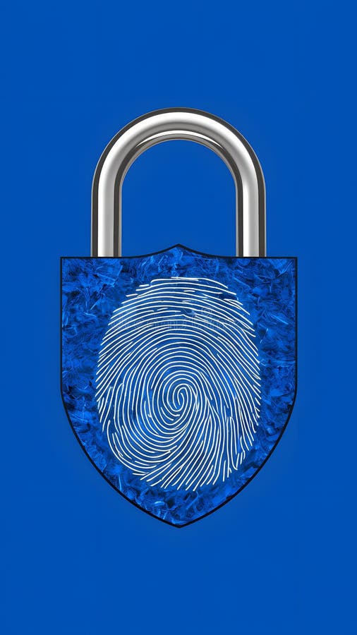 Blue Padlock with Shield Design and Fingerprint Pattern on Vibrant Blue ...