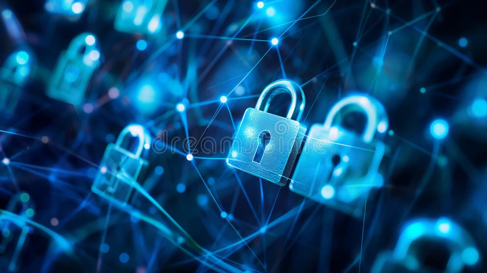 Blue Padlocks Connected by a Network of Lines and Dots, Representing ...