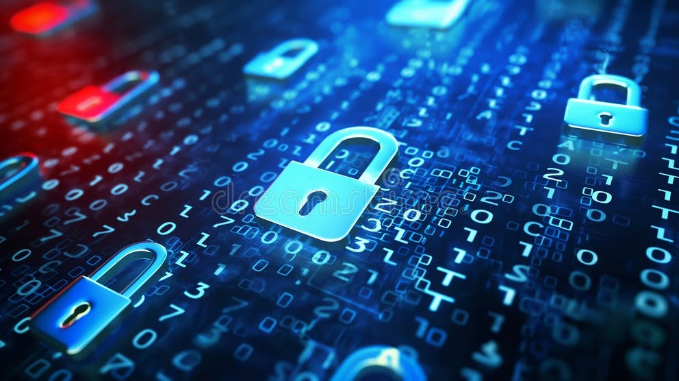 Blue Padlocks Float Over a Digital Background Filled with Binary Code, Symbolizing Cybersecurity ...