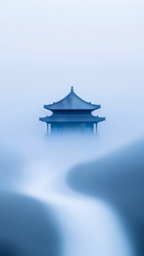 A Blue Pagoda in the Middle of a Foggy Landscape Stock Image - Image of ...