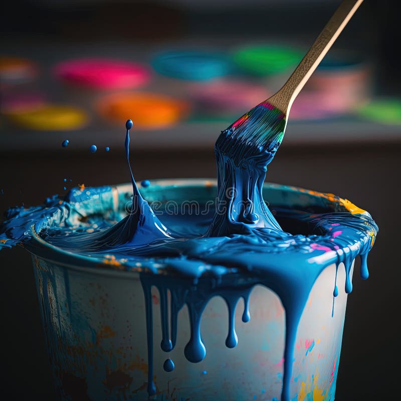 A Blue Paint Bucket with a Paintbrush in it and Some Paint Splattered ...